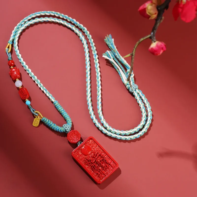 Natural Red Cinnabar Nine Syllable Mantra Protection Necklace